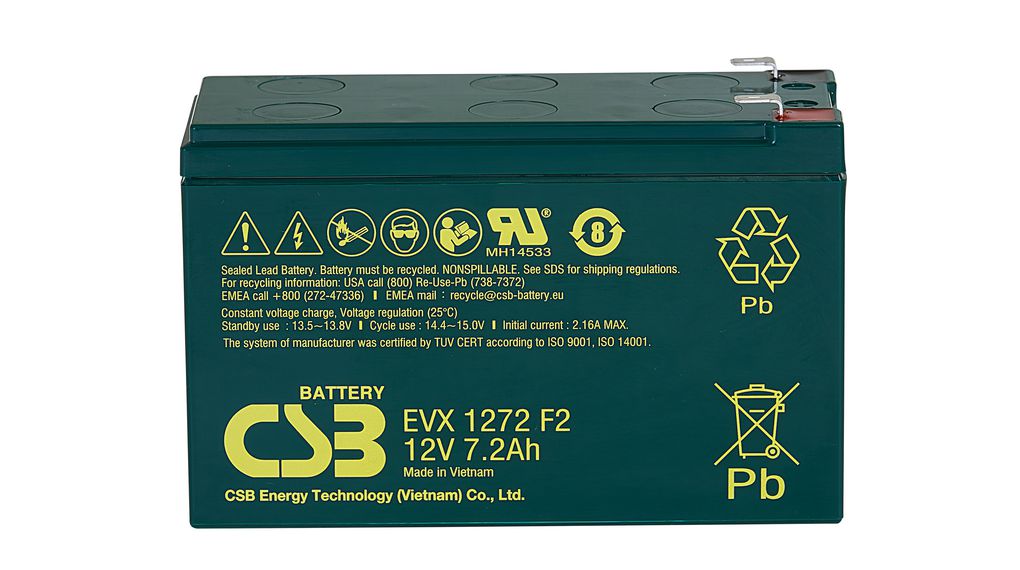 EVX1272F2 | CSB Energy Rechargeable Battery, Lead-Acid, 12V, 7.2Ah, Blade Terminal, 6.3 mm ...